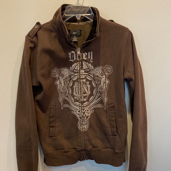 Obey | Tops | Brown Large Obey Track Style Sweatshirt Full Zip Front ...